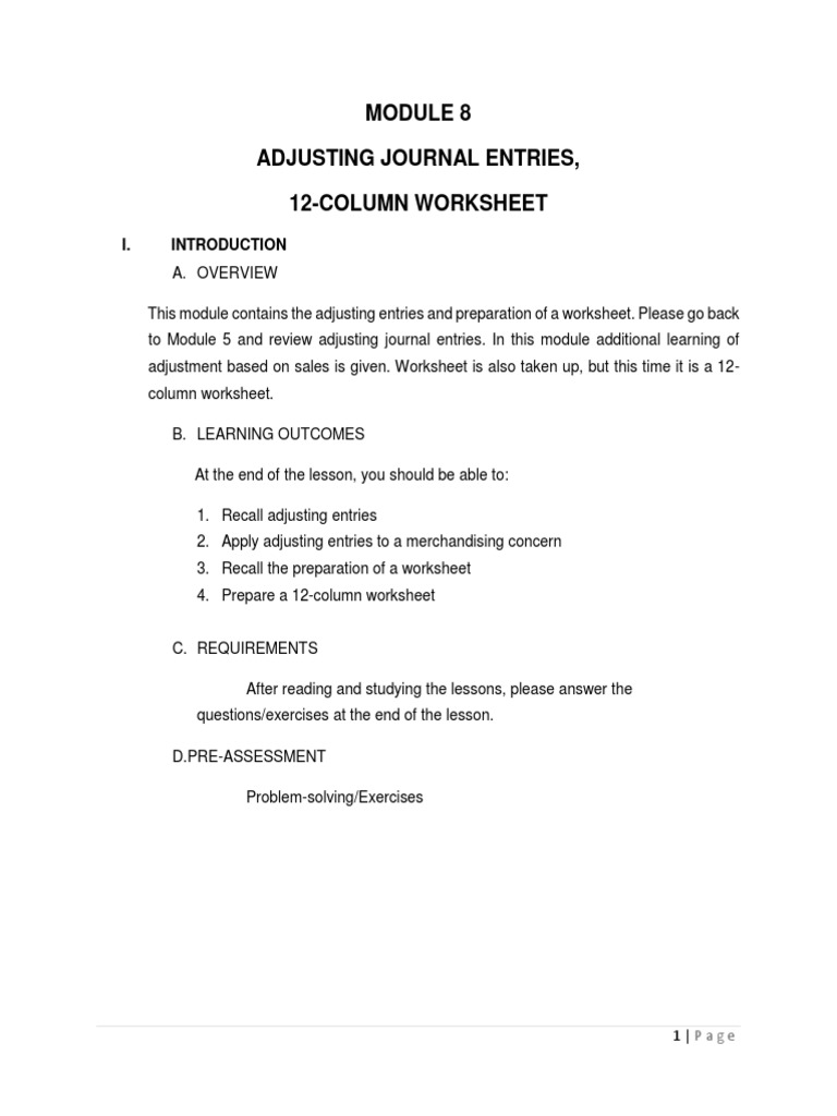 Adjusting Journal Entries, 12-Column Worksheet | PDF | Debits And ...