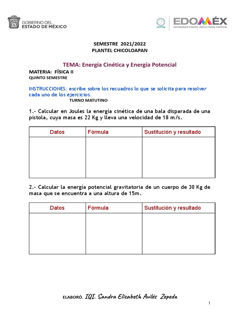 Hojas De Trabajo De Energía Cinética Y Potencial Para Sexto Grado