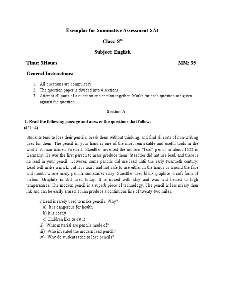 Exemplar For Summative Assessment 8th | PDF | Pencil | Lead