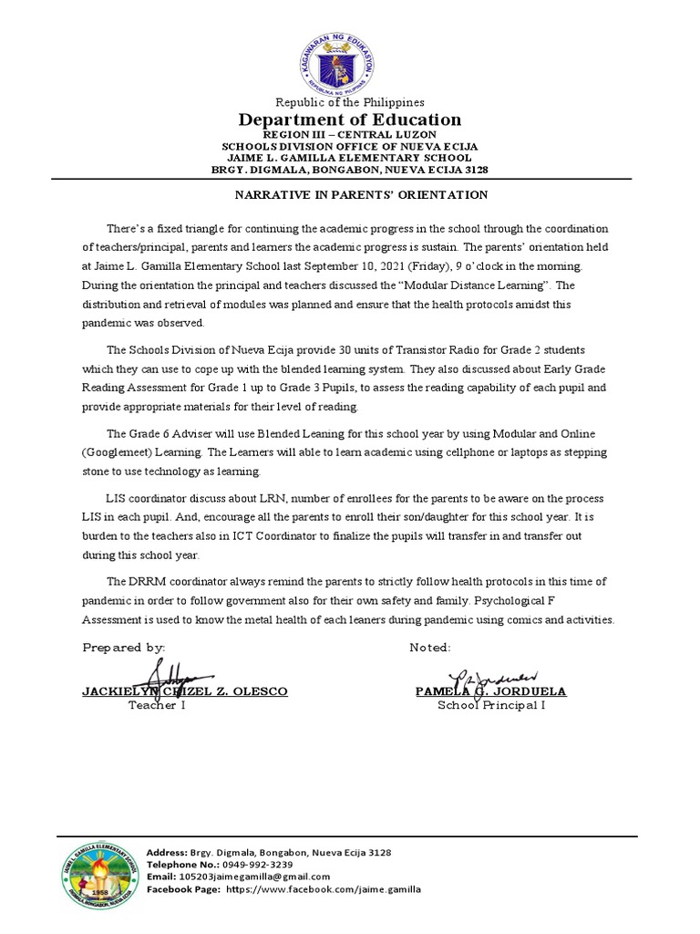 Parents Orientation Narrative 2021 | PDF | Learning | Educational ...