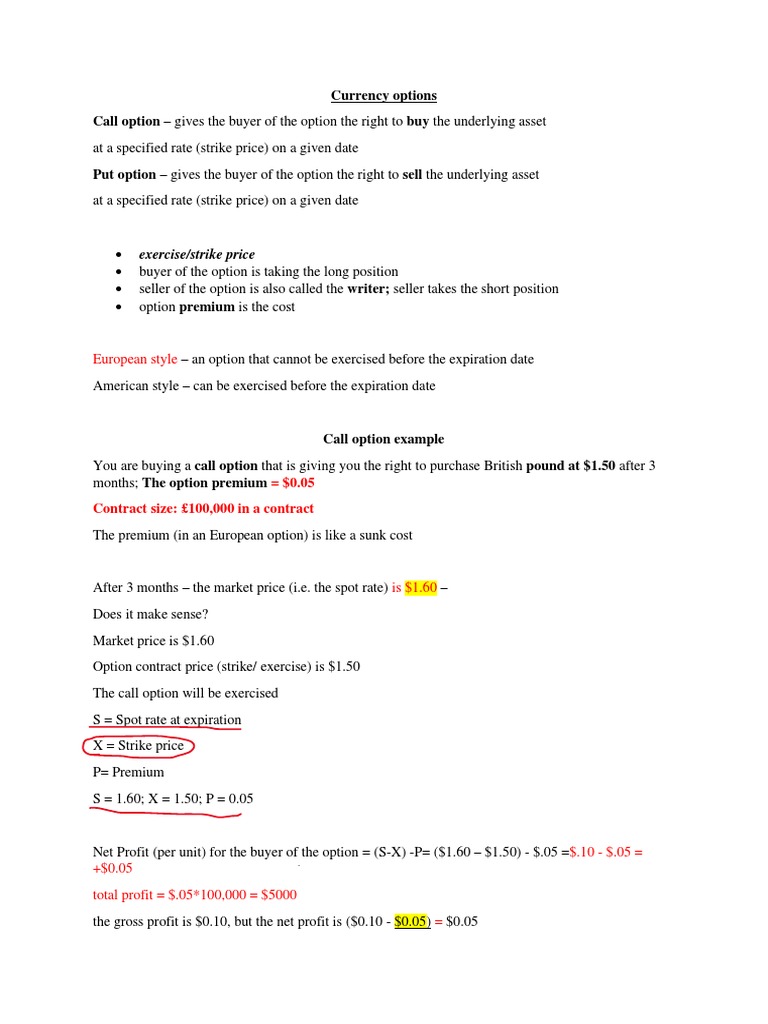 Currency Options Call Option - Gives The Buyer of The Option The Right ...