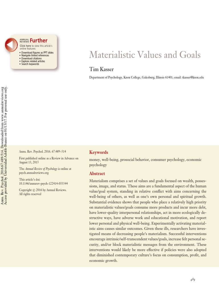 Materialistic Values and Goals: Further | PDF | Attitude (Psychology ...