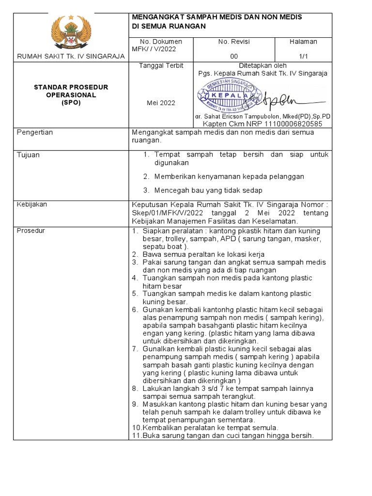MFK 5.1 Ep 2. Spo Mengangkat Sampah Medis Dan Non Medis 12.8.2022 | PDF