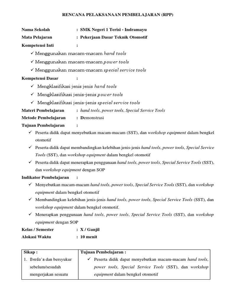 Tools (SST), Dan Workshop Equipment Dalam Bengkel Otomotif | PDF