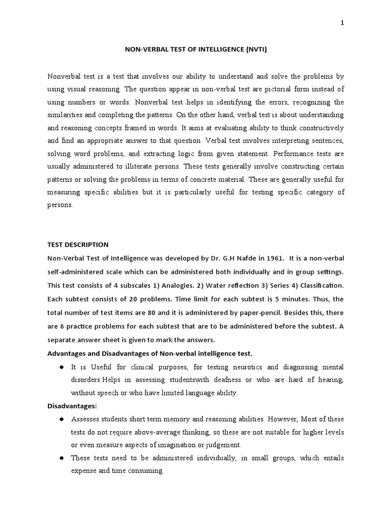 Non-Verbal Test of Intelligence (Nvti) | PDF | Nonverbal Communication ...