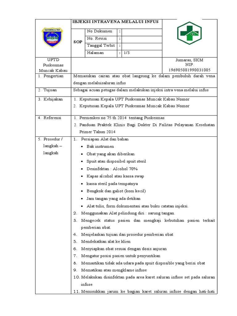 Sop Injeksi Intravena Melalui Infus | PDF