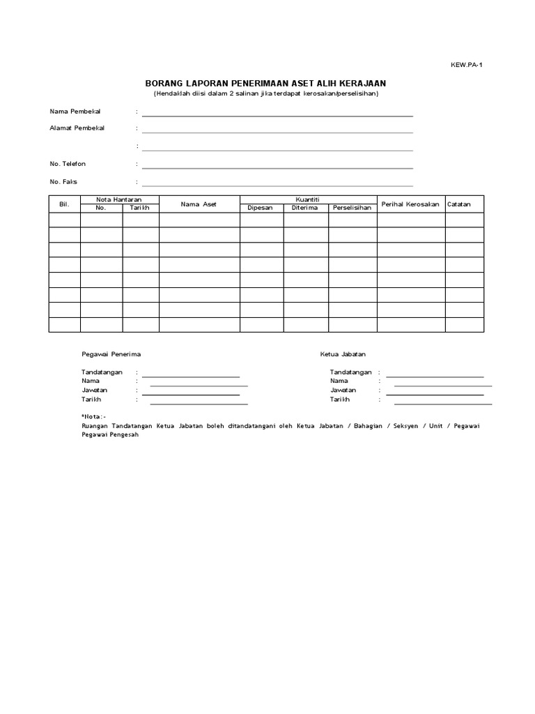 Dokumen - Tips Borang Aset Kew Pa 1 20 (1) 1ppxls | PDF