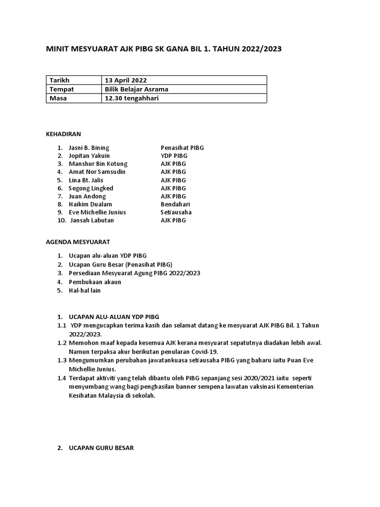 Minit Mesyuarat Ajk Pibg Bil 1 | PDF