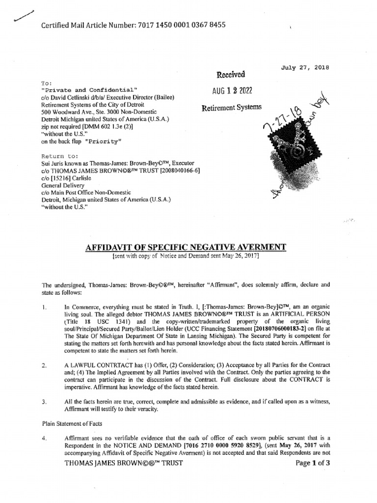 Affidavit of Specific Negative Averment Mailed 7-27-18 2nd 8-12-22 ...