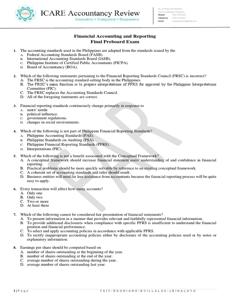 Financial Accounting and Reporting Final Preboard Exam: A. B. C. D ...
