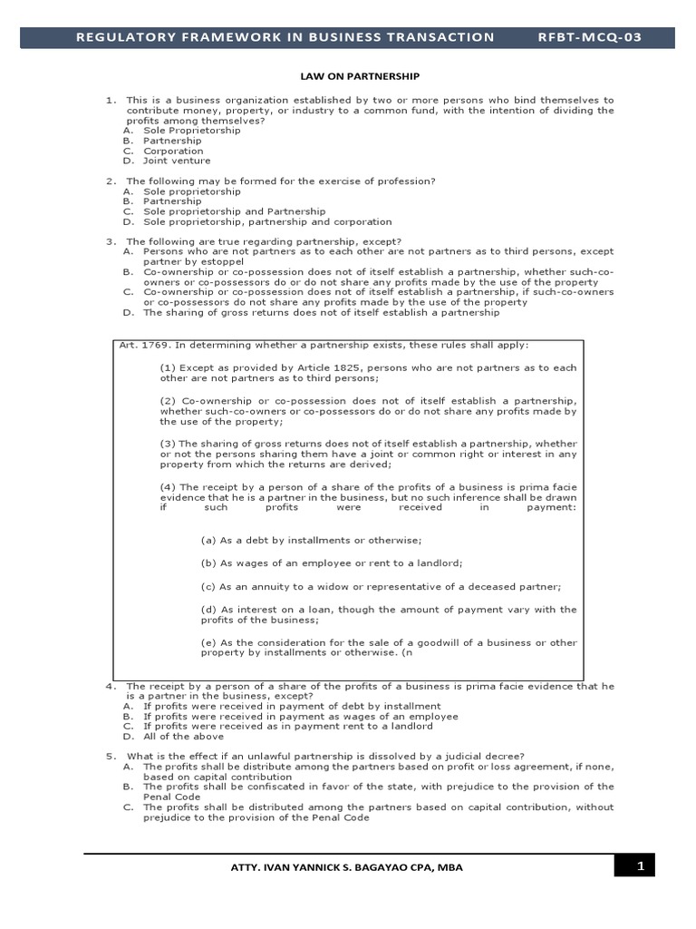RFBT-MCQ-03-Law On Partnership | PDF | Partnership | Limited Partnership