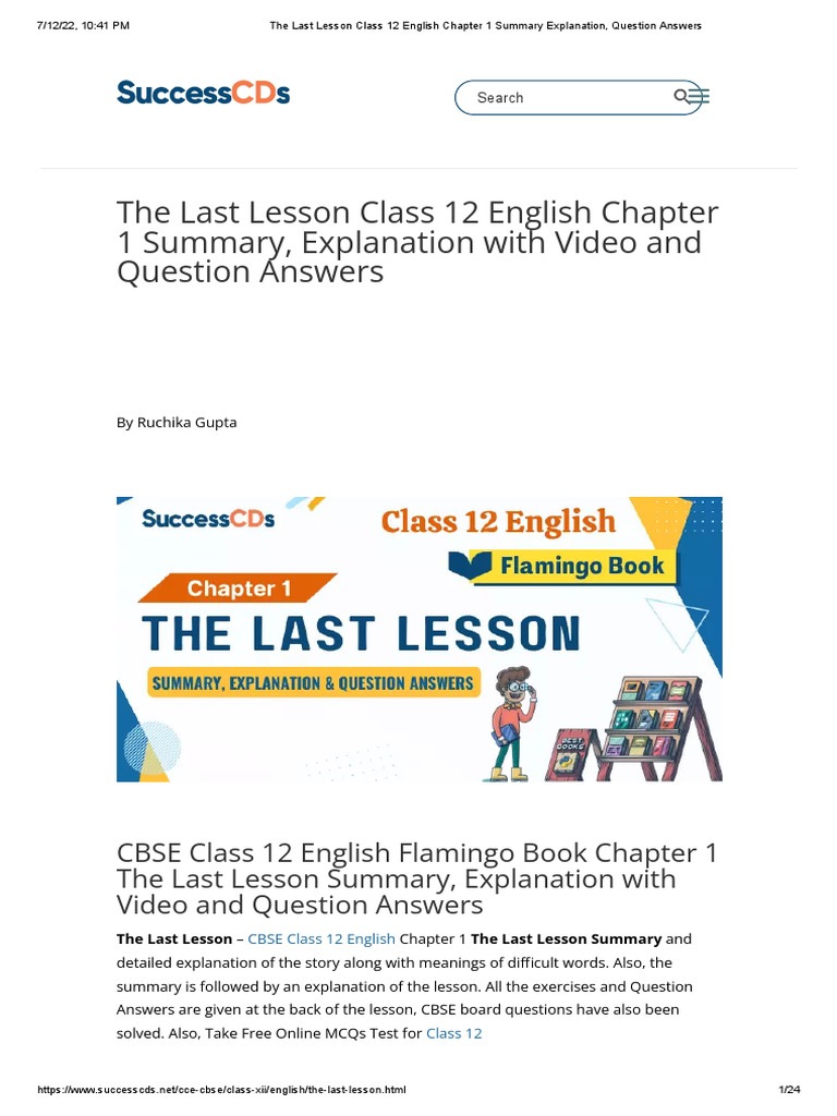 The Last Lesson Class 12 English Chapter 1 Summary Explanation ...