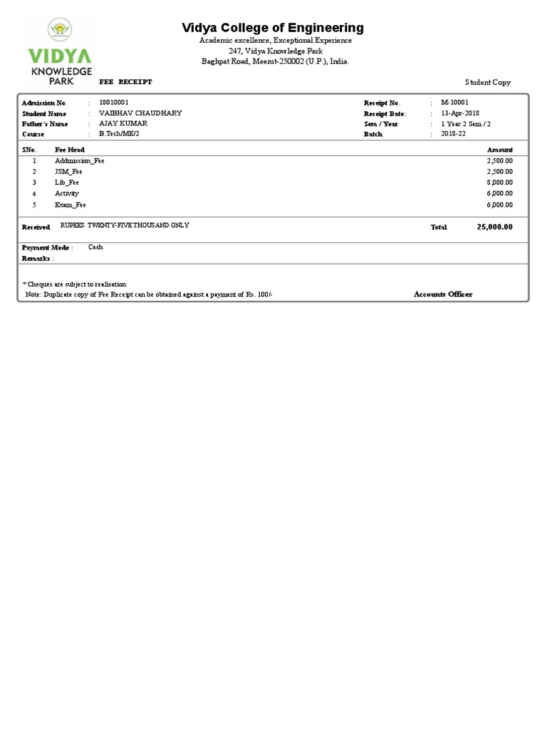 Vidya College of Engineering: Fee Receipt | PDF | Payments | Banking