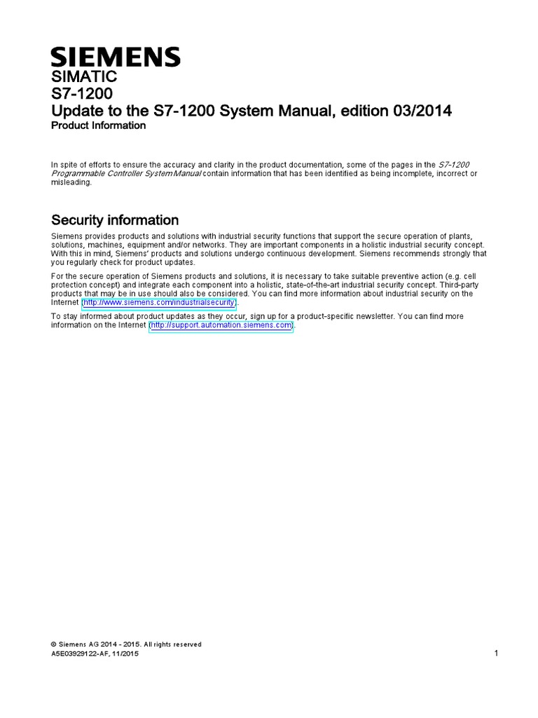 Simatic S7-1200 Update To The S7-1200 System Manual, Edition 03/2014 ...