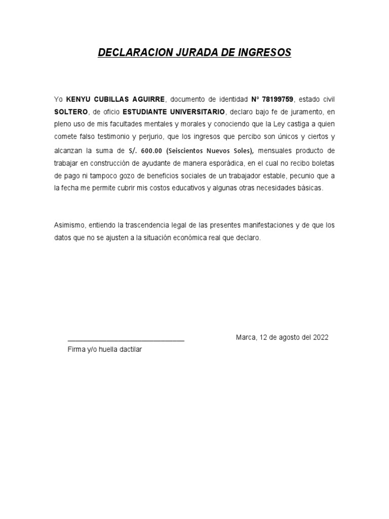 Declaracion Jurada de Ingresos | PDF