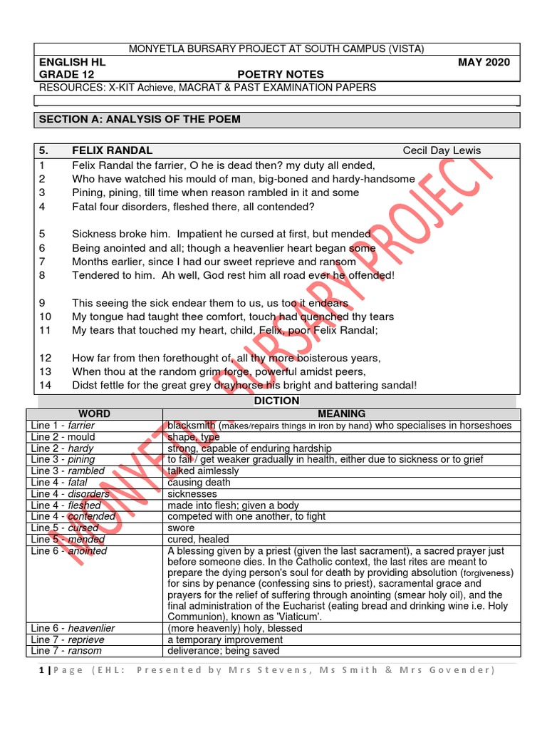 English HL MAY 2020 Grade 12 Poetry Notes: Word Meaning | PDF