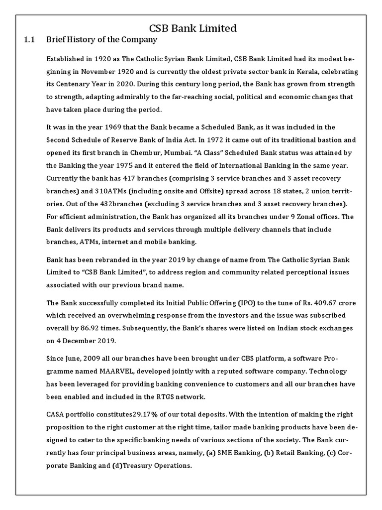 CSB Bank Limited: 1.1 Brief History of The Company | PDF | Banks ...