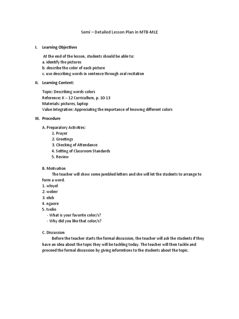 MTB Mle Lesson Plan Demonstration | PDF | Lesson Plan | Color