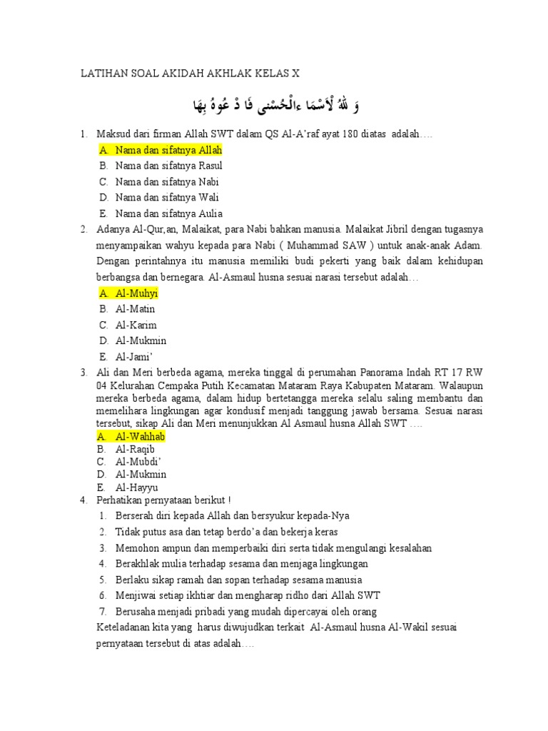 Latihan Soal Akidah Akhlak Kelas X | PDF
