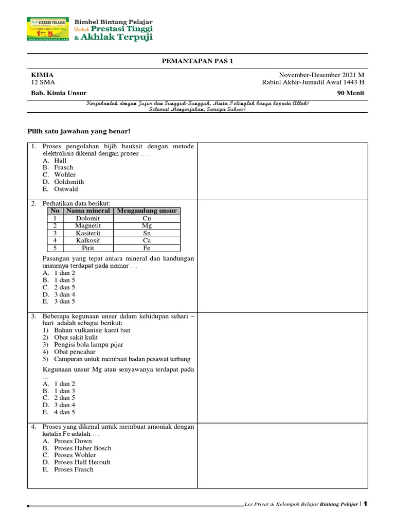 Bank Soal PM PAS Kimia 12 SMA (Kimia Unsur) - Sem 1 (Layout) TA 21-22 | PDF