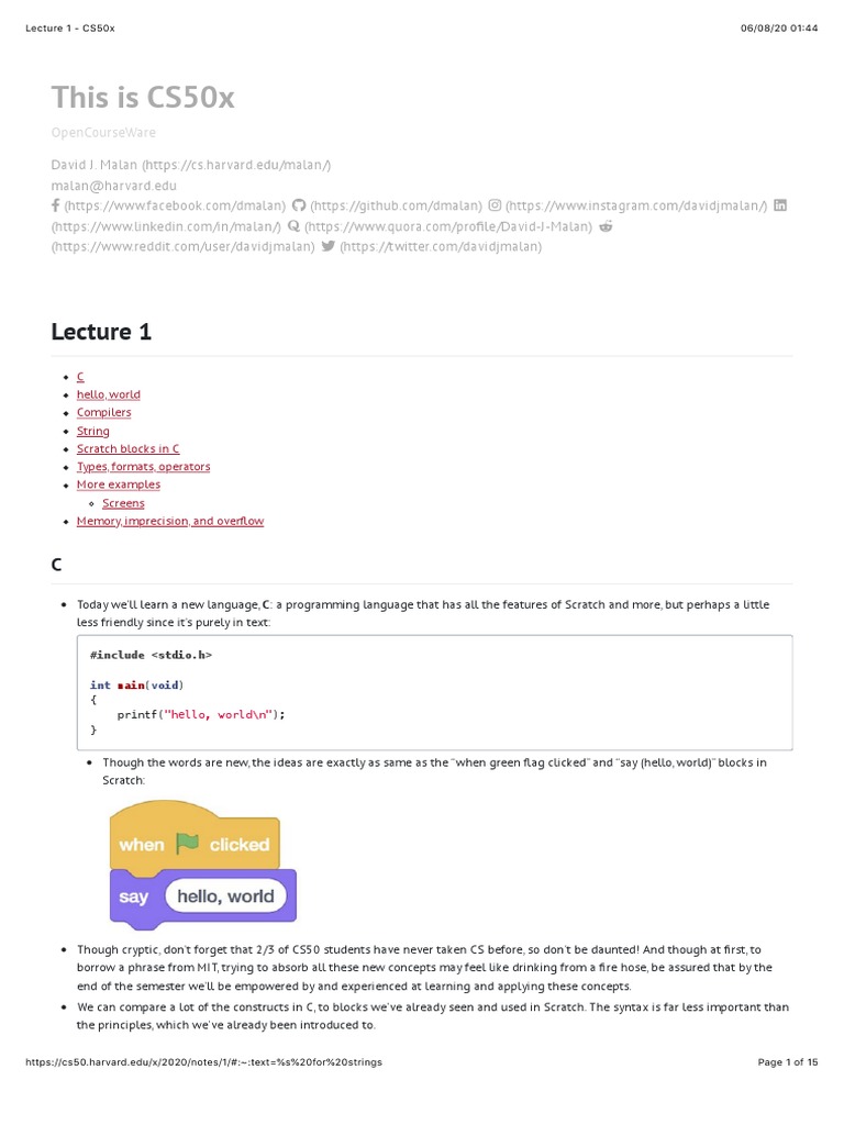 Lecture 1 - CS50x | PDF | Integer (Computer Science) | Programming