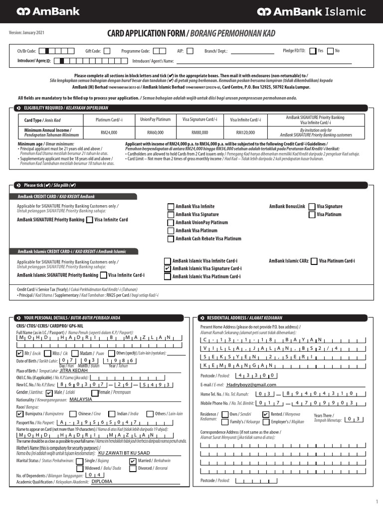 AmBank Credit Card Application Form | PDF | Credit Card | Visa Inc.