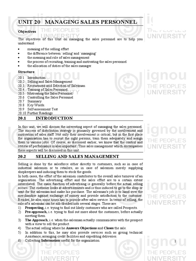Unit 20 Managing Sales Personnel: Objectives | PDF | Sales | Incentive