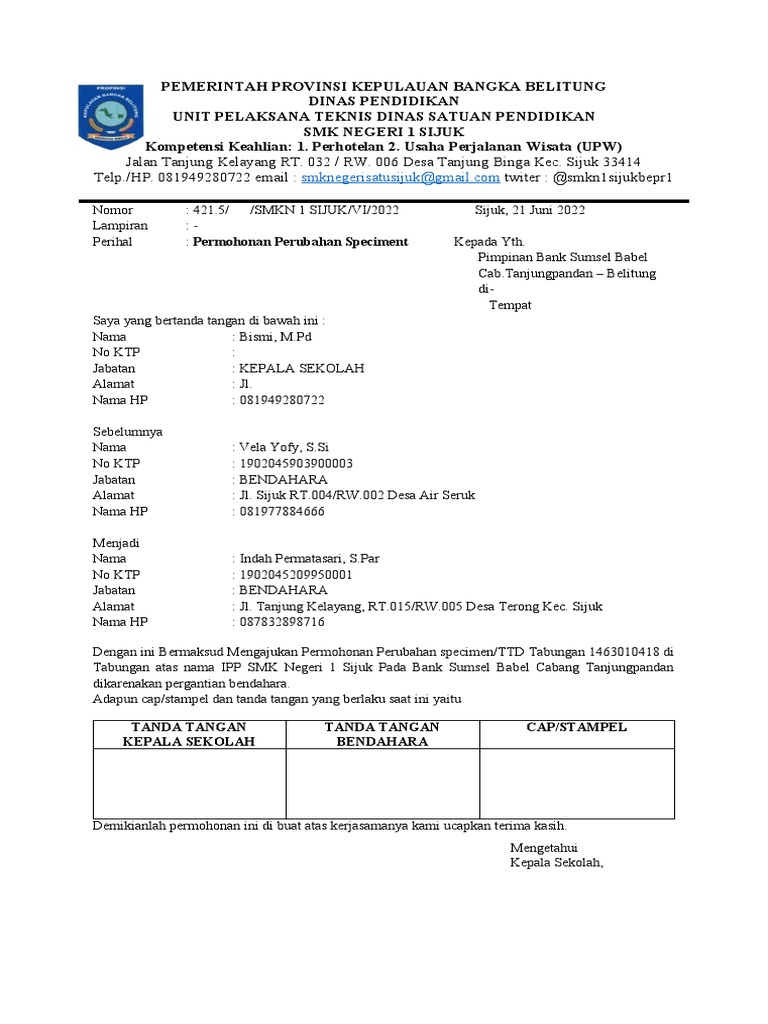 Permohonan Perubahan Specimen TTD SMK Sijuk | PDF