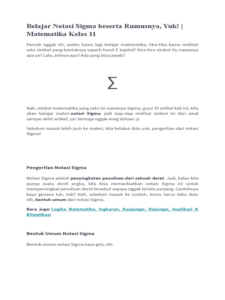 Belajar Notasi Sigma Beserta Rumusnya | PDF