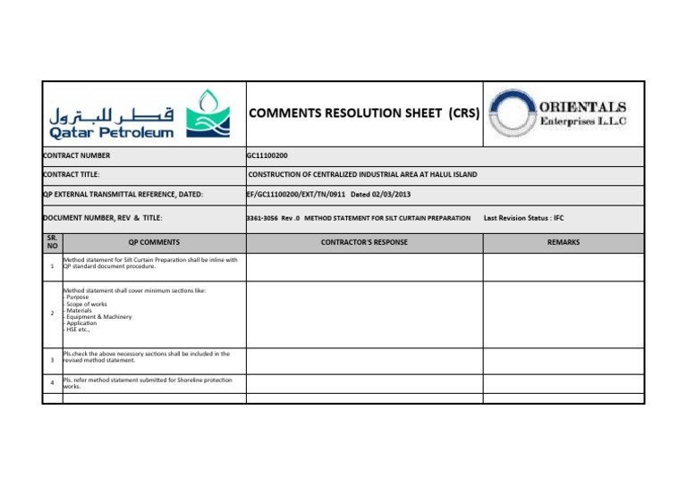 Comments Resolution Sheet (CRS) : 3361-3056 Rev .0 Method Statement For ...
