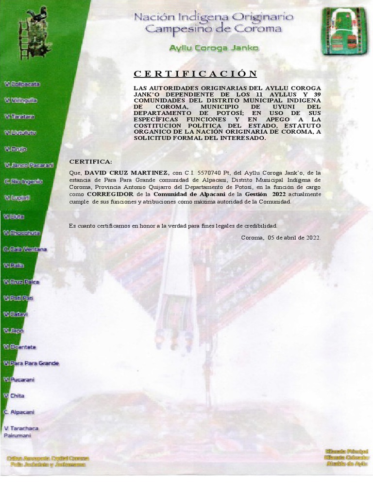 Ayllu Qoroga Jank'o - Certificacion | PDF