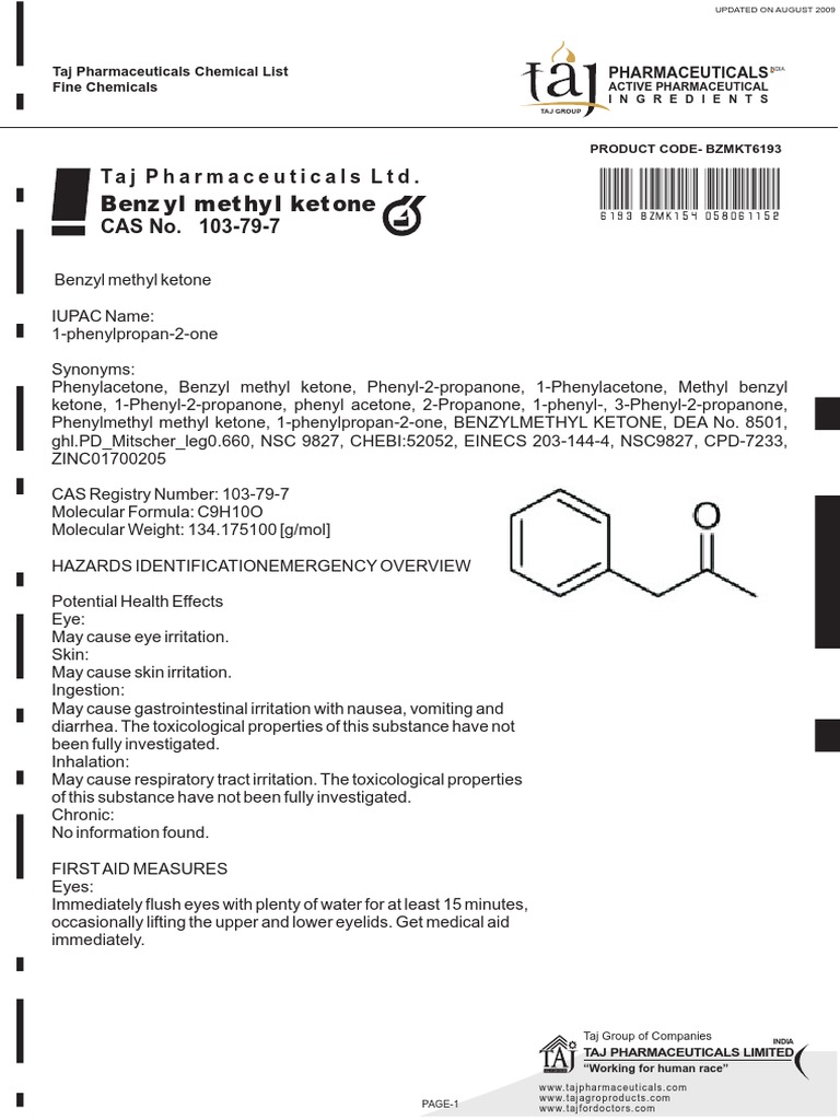 Benzyl Methyl Ketone | PDF | Personal Protective Equipment | Chemistry