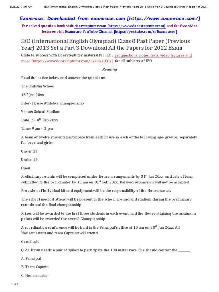 IEO (International English Olympiad) Class 8 Past Paper (Previous Year ...