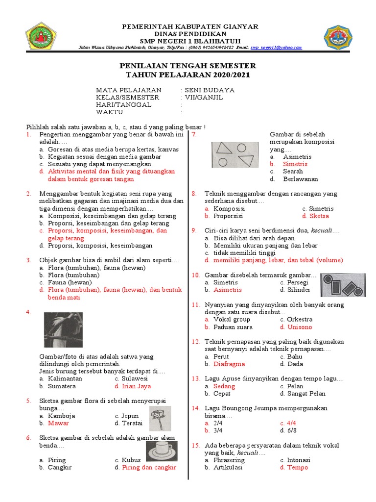 Uts Seni Budaya Kls VII SMT 1 2020 Sip | PDF
