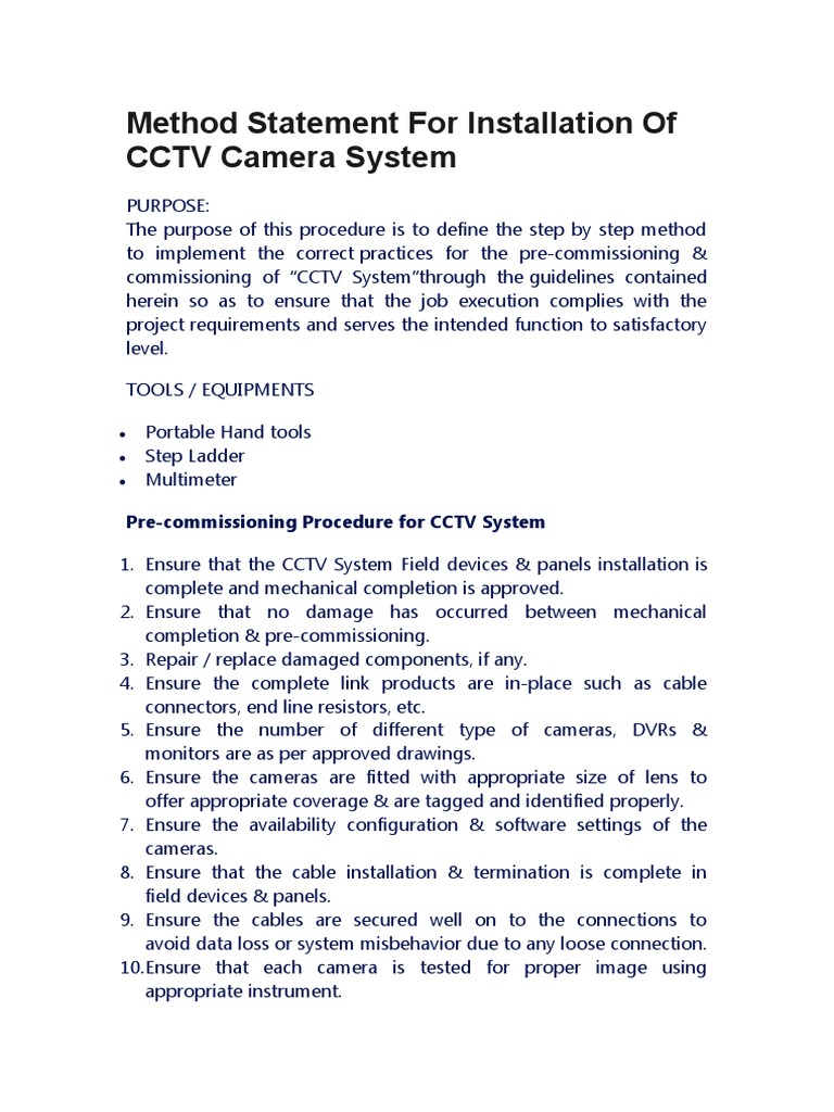 Method Statement For Installation of CCTV Camera System | PDF | Closed ...