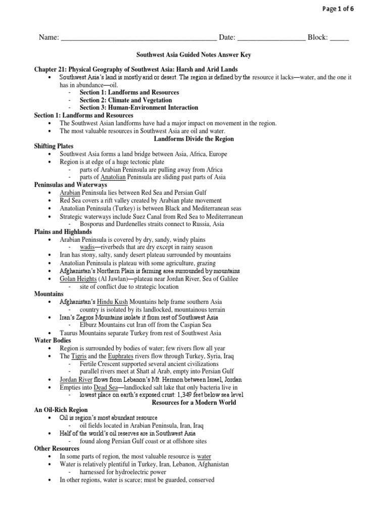 Southwest Asia Guided Notes Answer Key | PDF | Desert | Petroleum