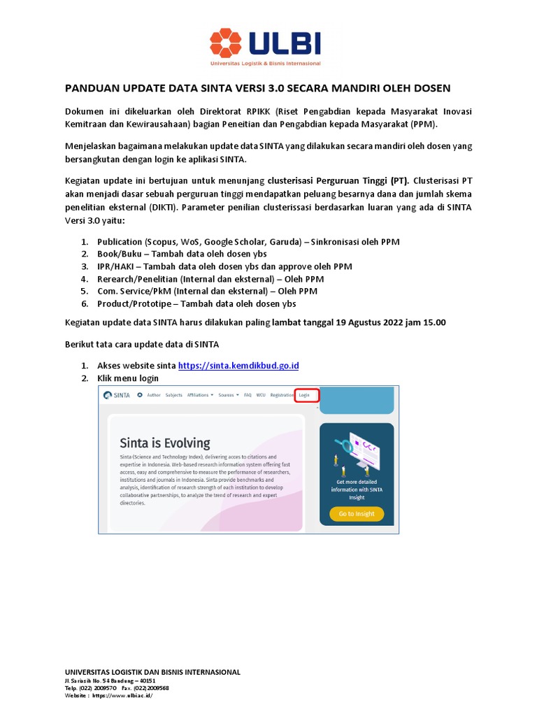 Panduan Update Data Sinta Versi 3.0 Secara Mandiri Oleh Dosen | PDF
