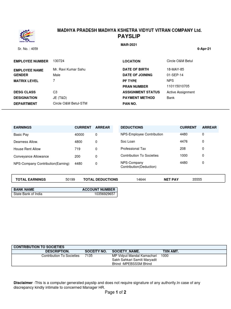 Payslip: Madhya Pradesh Madhya Kshetra Vidyut Vitran Company LTD | PDF ...