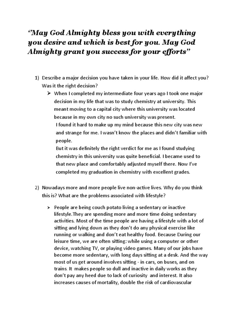 Cue Card Questions | Download Free PDF | Sedentary Lifestyle