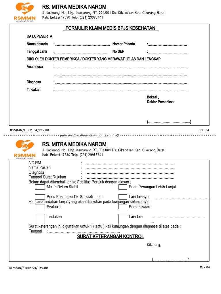 RJ - 4 Formulir Klaim Medis BPJS Dan Kontrol BPJS | PDF