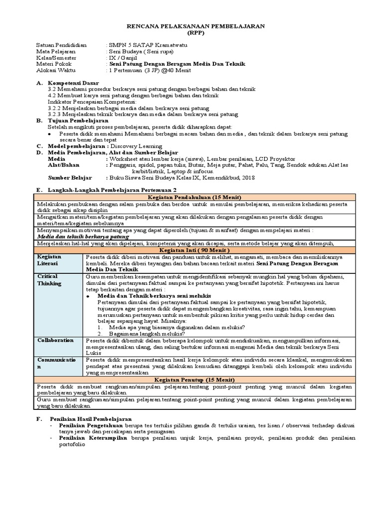 RPP 1 Lembar Seni Budaya Kelas 9 Seni Rupa Bab 2 Ke 2 | PDF | Seni