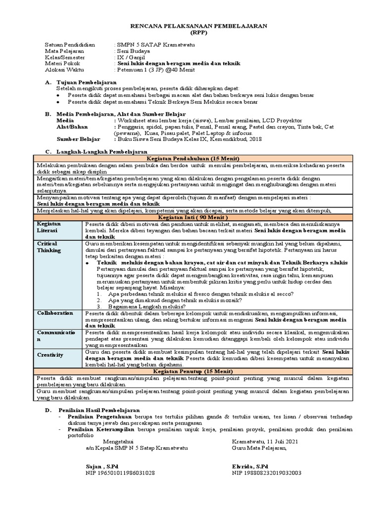 RPP 1 Lembar Seni Budaya Kelas 9 Seni Rupa Bab 1 Ke 2 | PDF
