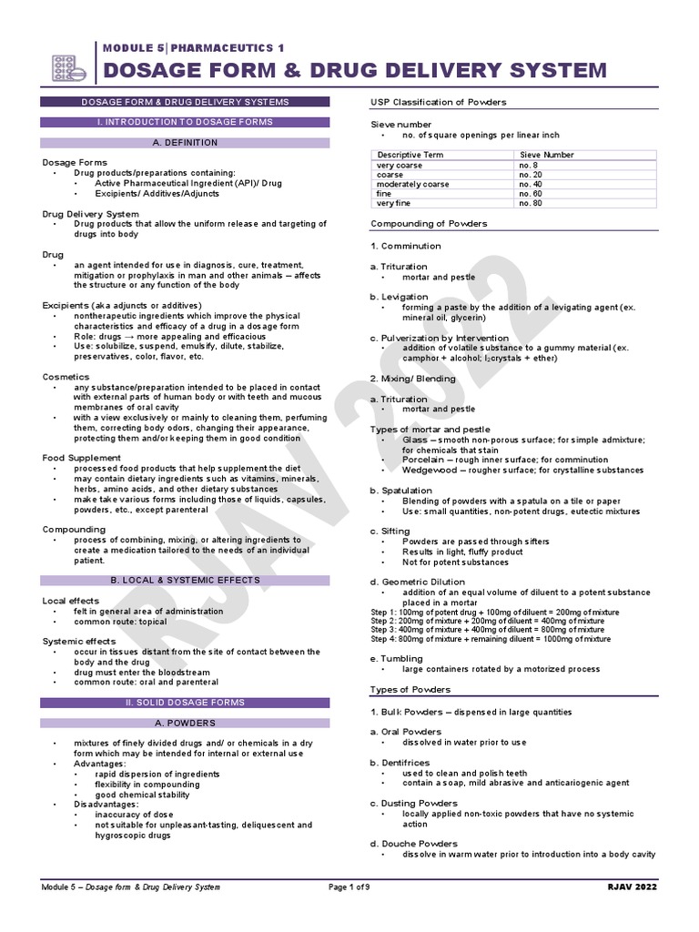 Dosage Form & Drug Delivery System: Module 5 Pharmaceutics 1 | PDF | Tablet (Pharmacy) | Solubility