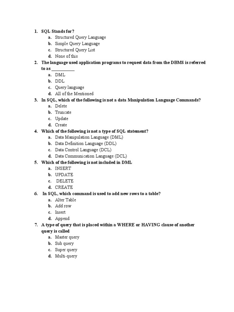 Or SQL MCQ | PDF | Sql | Relational Database