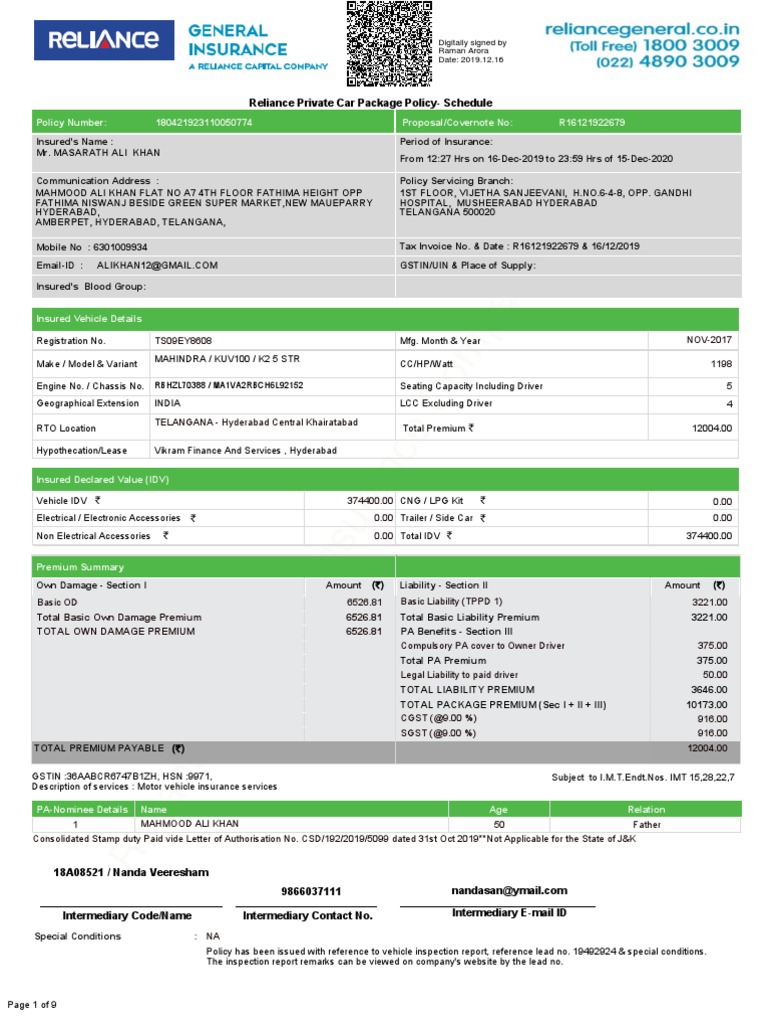 Reliance General Insurance Company Limited: Reliance Private Car ...