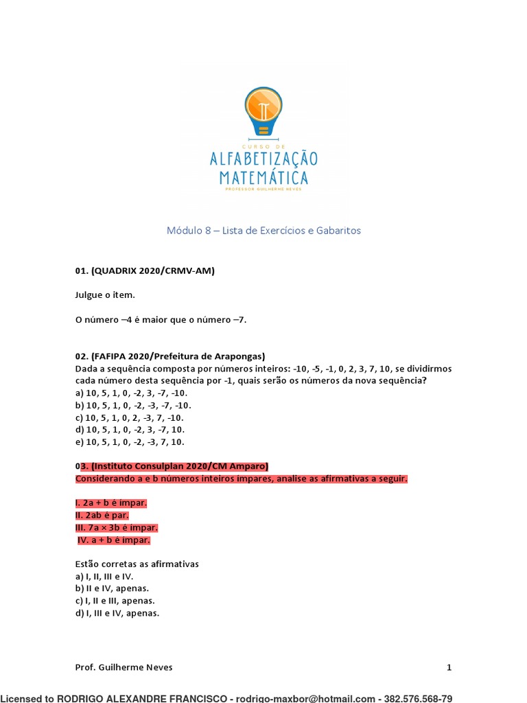 Lista+de+Exerc EDcios+e+Gabarito+-+M F3dulo+8 | PDF | Números | Número inteiro