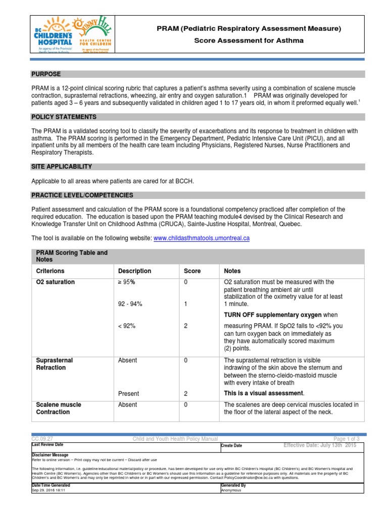 BCCH PRAM Score For Assessment For Asthma | PDF | Neck | Medicine
