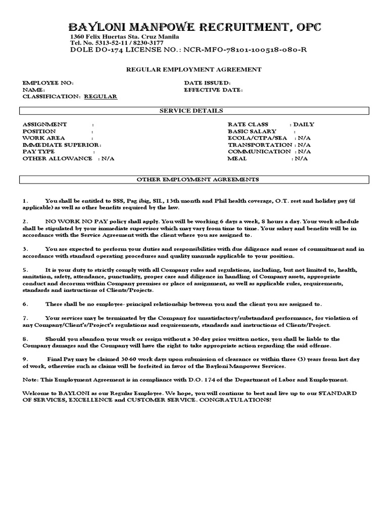 Bayloni Manpowe Recruitment, Opc: DOLE DO-174 LICENSE NO.: NCR-MFO ...