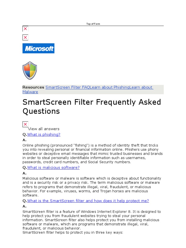 Smartscreen Filter Frequently Asked Questions | PDF | Malware | Phishing