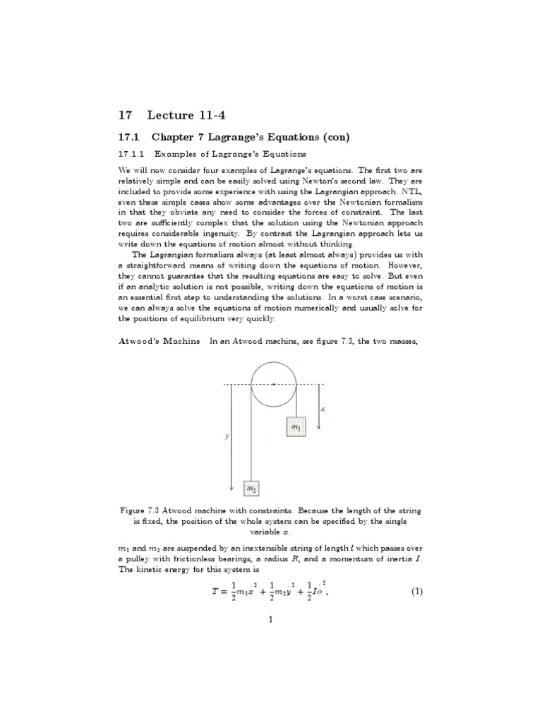 17 Lecture 11-4: 17.1 Chapter 7 Lagrange's Equations (Con) | PDF ...